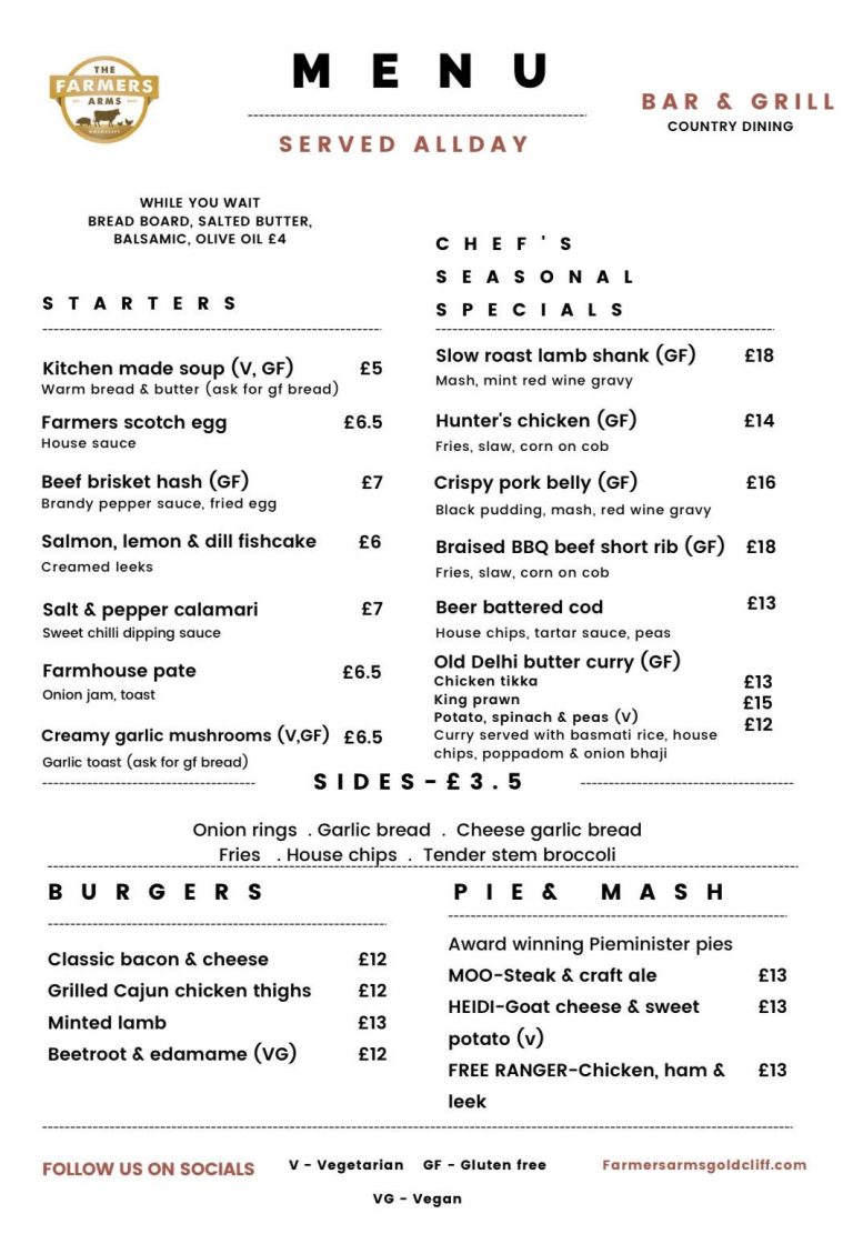 OUR MENU – The Farmers Arms